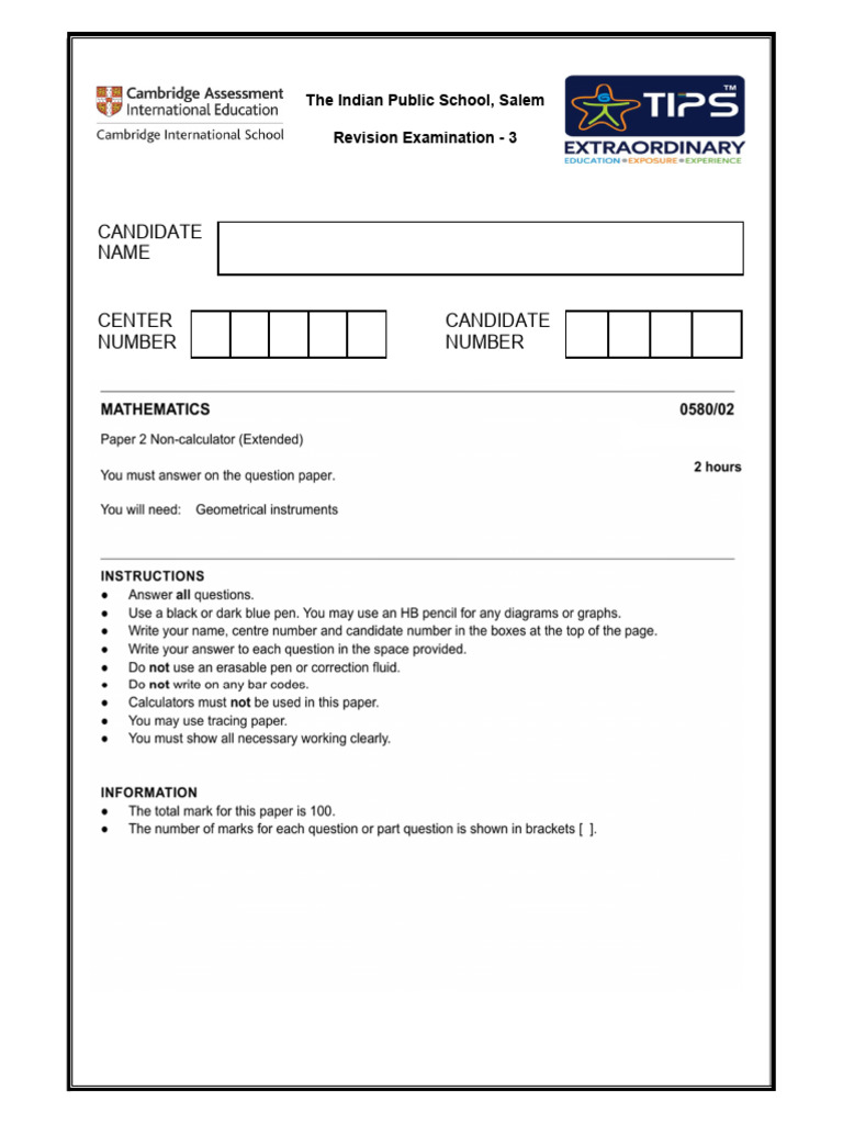Candidate Name: The Indian Public School, Salem Revision Examination ...