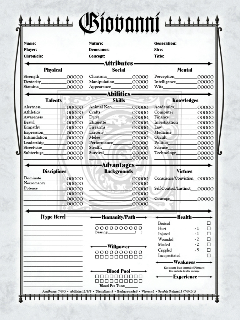 V20 Deluxe Giovanni Character Sheet | PDF