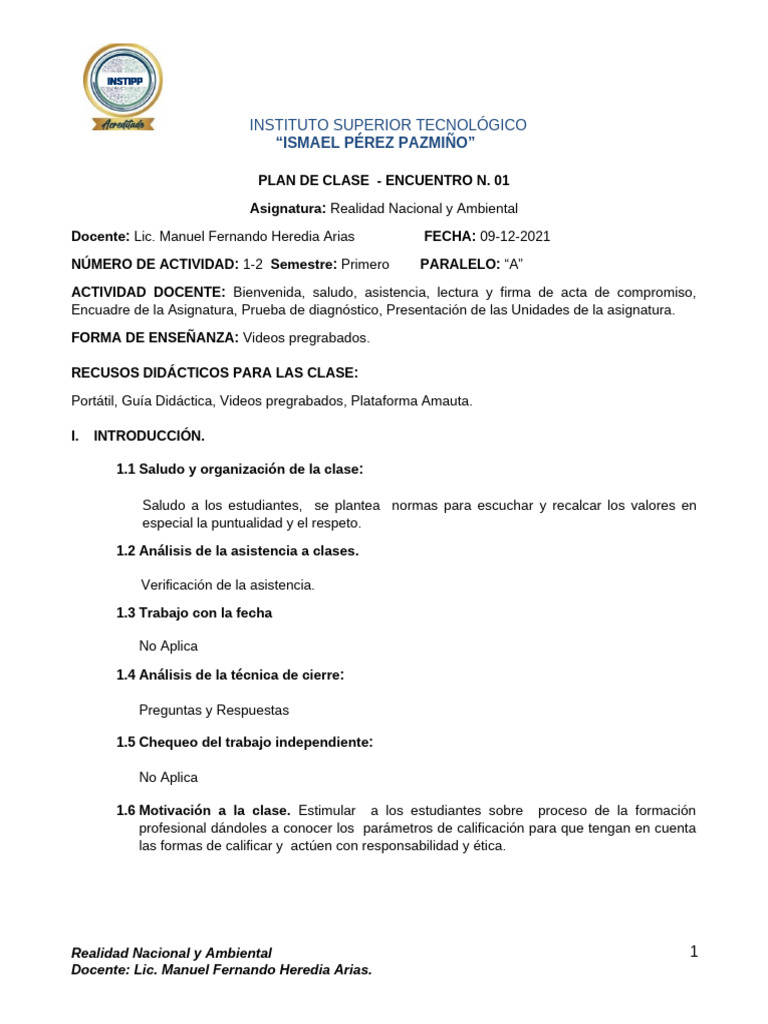43plan de Clase 01 Clase Encuentro - Unidad I | PDF | Maestros | Aprendizaje