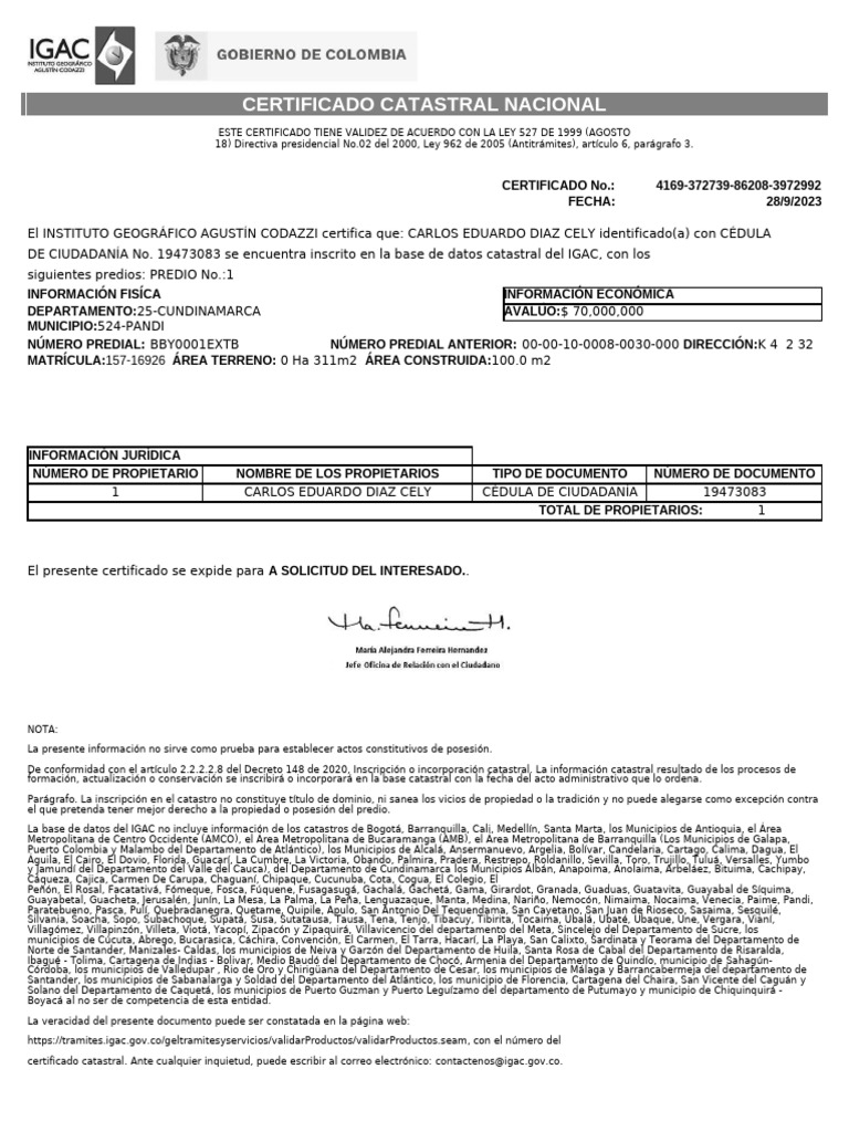 Certificado Catastral de Pandi | PDF | Colombia