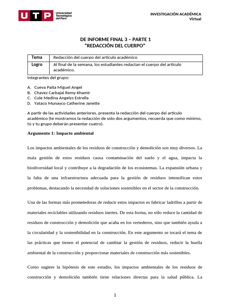 Semana 14 - Avance Informe Final 3 - Parte 1 | PDF | Residuos | Gestión de residuos