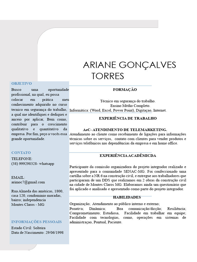 Currículo de Ariane Gonçalves Torres | PDF