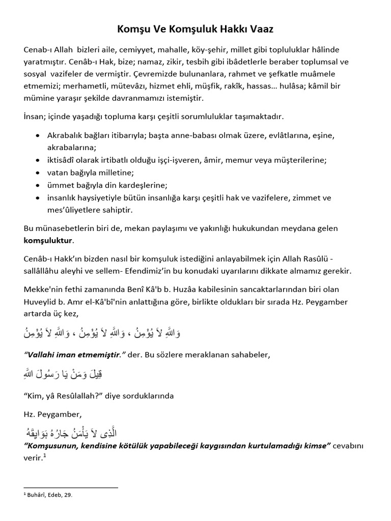 Komşu Ve Komşuluk Hakkı Vaaz | PDF