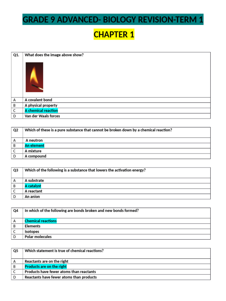 Term 1 Revision - Grade 9 Advanced - Biology | PDF | Bone | Plant Stem