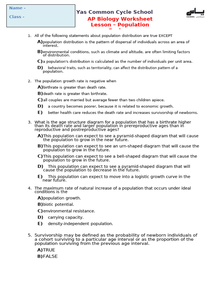 Population Ecology Worksheet - 4th Feb 2025 | PDF | Population | Ecology