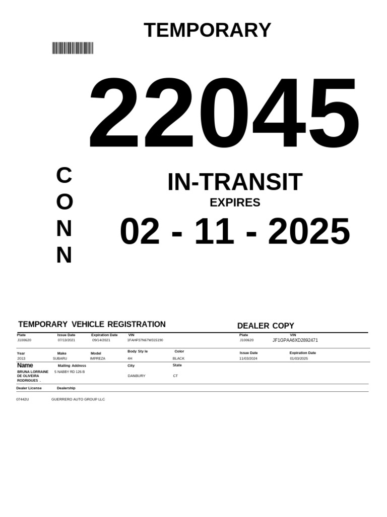 Temporary Vehicle Registration Details | PDF