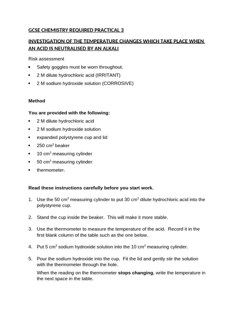 GCSE RP 3 TEMPERATURE CHANGE OF NEUTRALISATION | PDF | Sodium Hydroxide ...