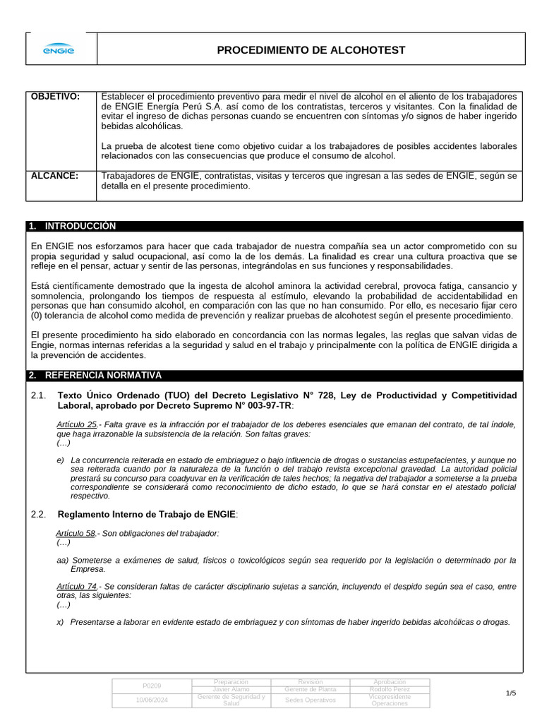P0209 Procedimiento de Alcoholemia | PDF | Seguridad y salud ocupacional