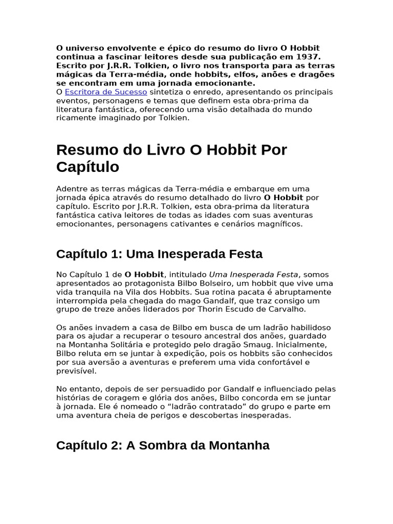 Resumo Do Livro O Hobbit | PDF | Bilbo Bolseiro | O Hobbit
