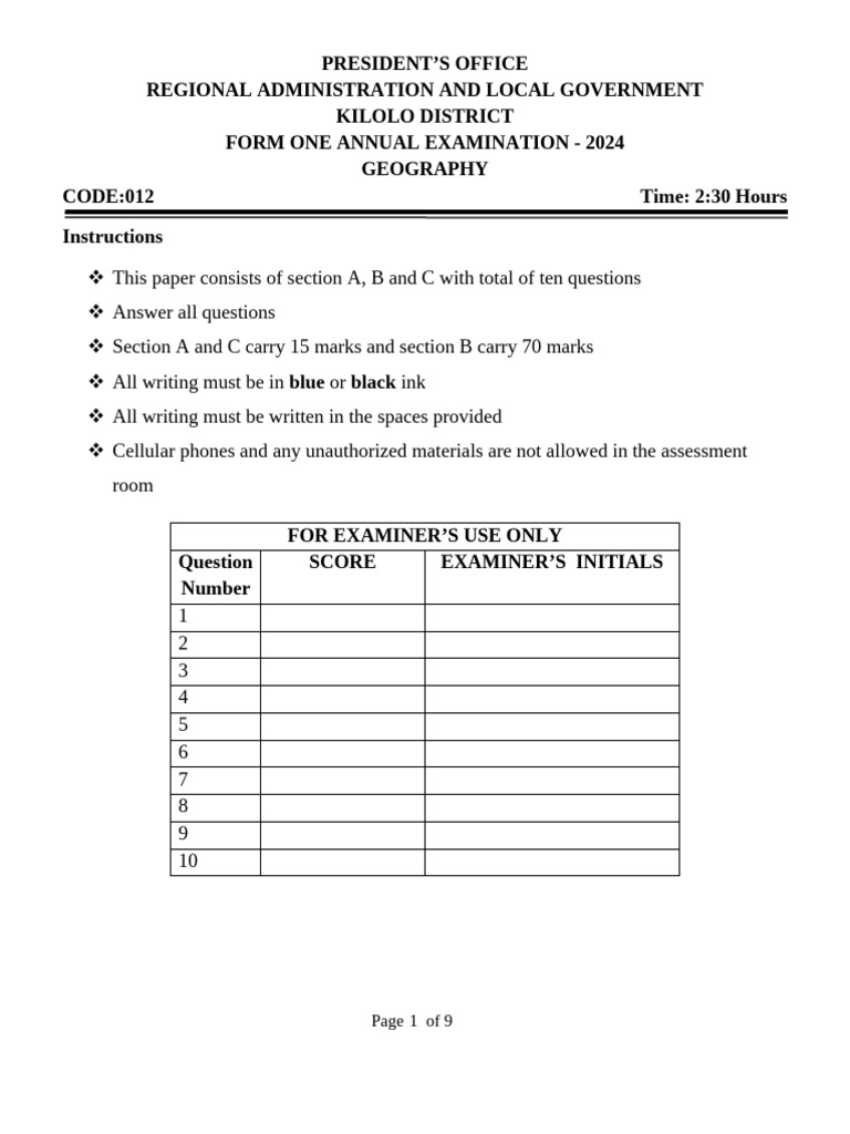 Form One Geography Exam 2024 | PDF | Equator | Meteorology