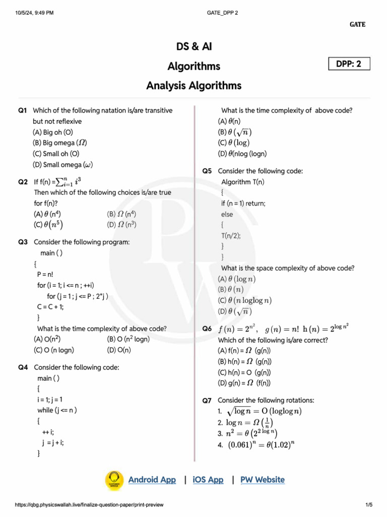 GATE DPP2: Algorithms & Complexity Quiz | PDF | Theoretical Computer Science | Algorithms And ...