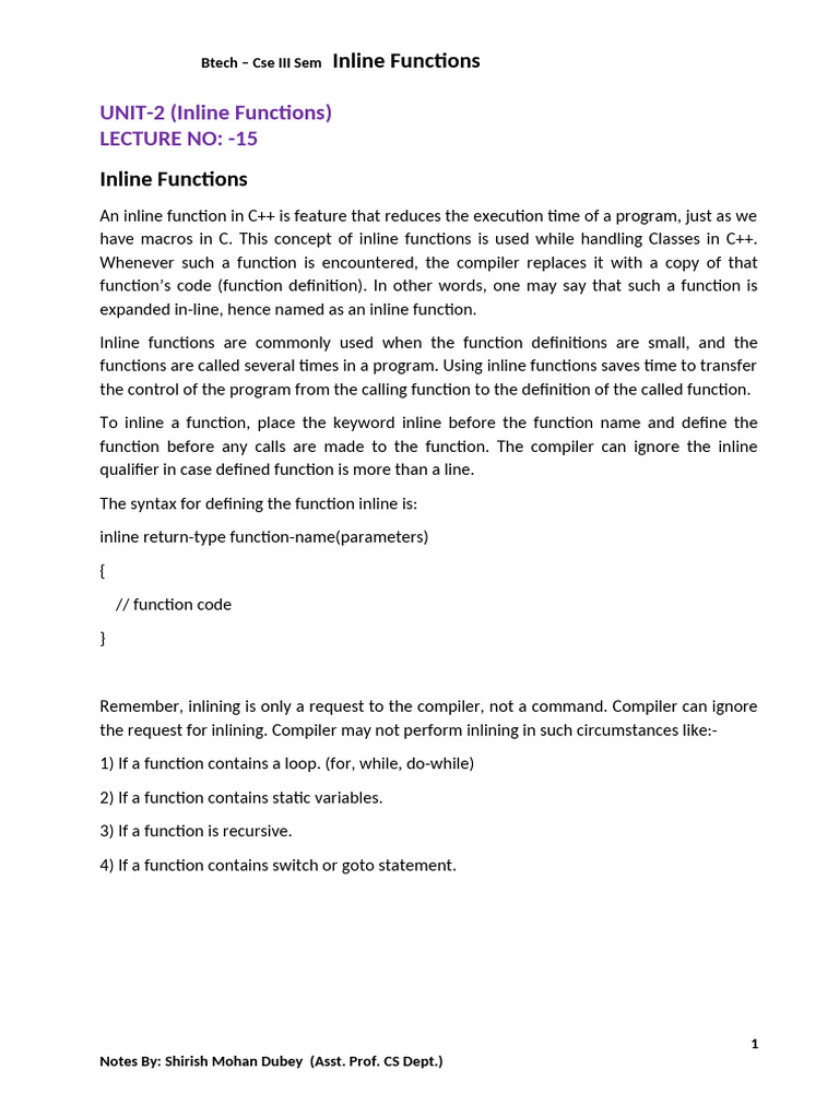 Inline Functions Lect 15 | PDF | C++ | Software Development
