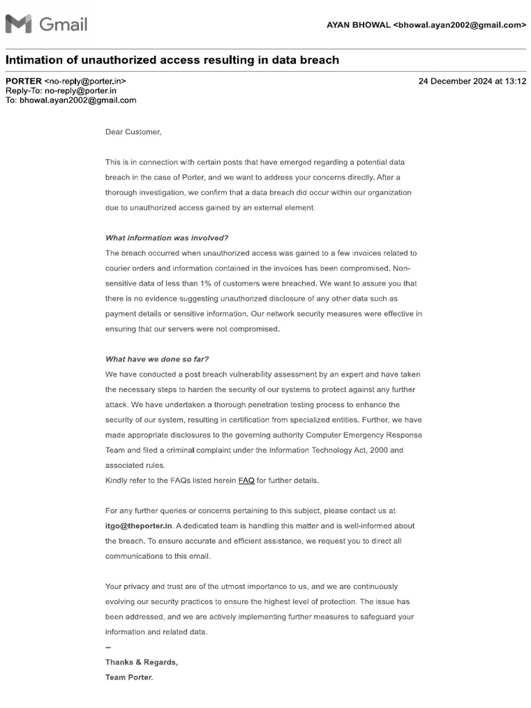 Porter DataBreach Stakeholder-Email-Intimation | PDF