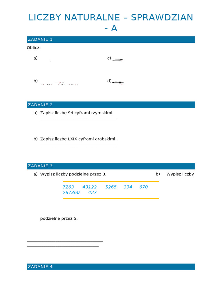 Sprawdzian Liczby Naturalne | PDF