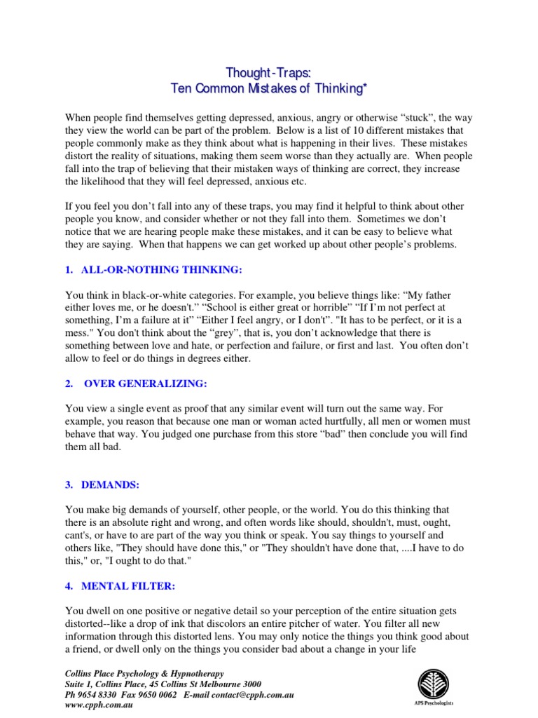 Thought Traps - 10 Common Mistakes of Thinking | Thought | Anxiety