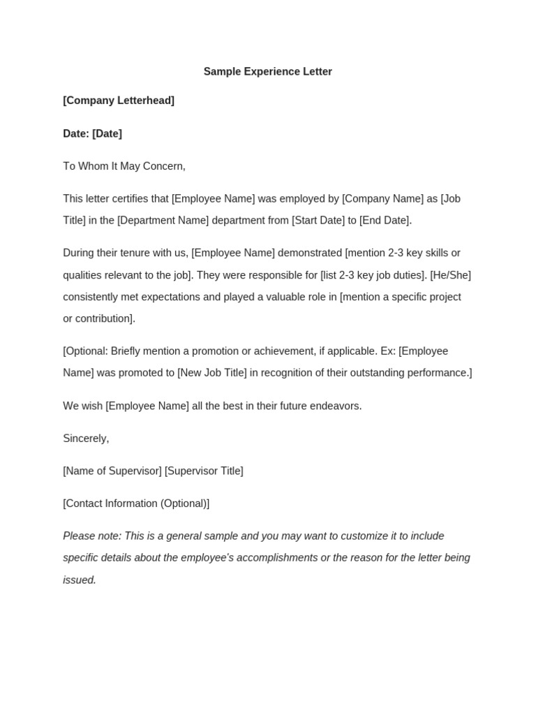 Sample Work Experience Letter Template | PDF