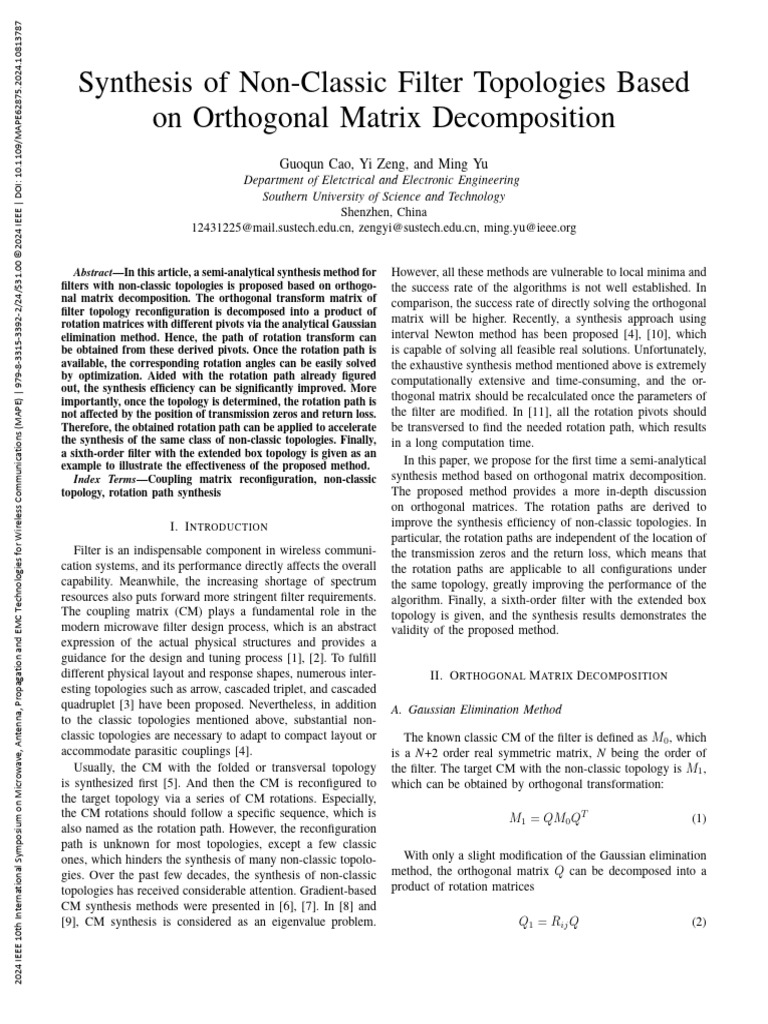 Synthesis of Non-Classic Filter Topologies Based On Orthogonal Matrix ...