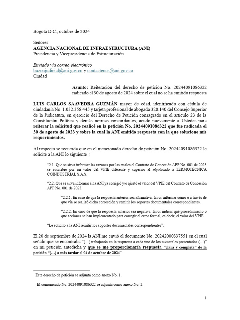 Reiteración Petición ANI | PDF | Petición | Justicia