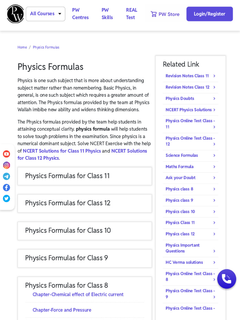 List of Chapter Wise Physics Formulas - Physics Wallah | PDF | Physics ...