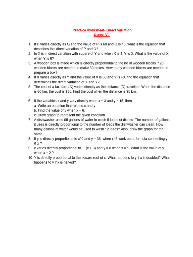 Direct Variation Practice Worksheet | PDF