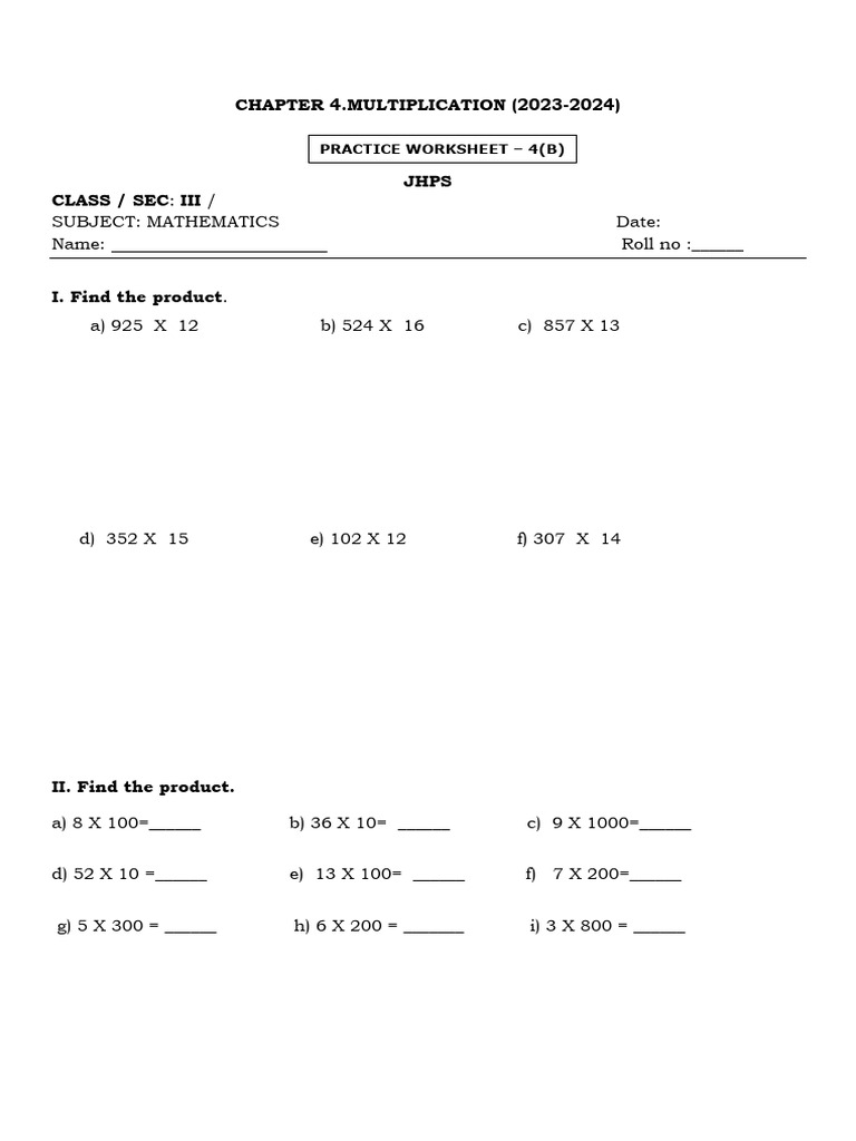 CHAPTER 4.MULTIPLICATION (2023-2024) : Practice Worksheet 4 (B) | PDF