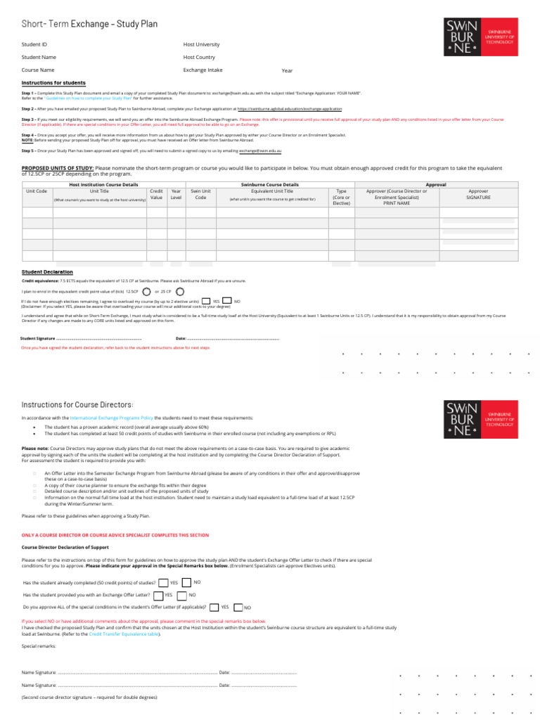 Short-Term Exchange Study Plan Guide | PDF