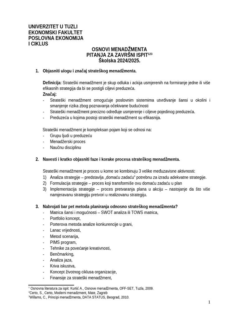 152312_Osnovi menadzmenta_PE_Pitanja za ZAVRSNI ISPIT_2024_2025 | PDF