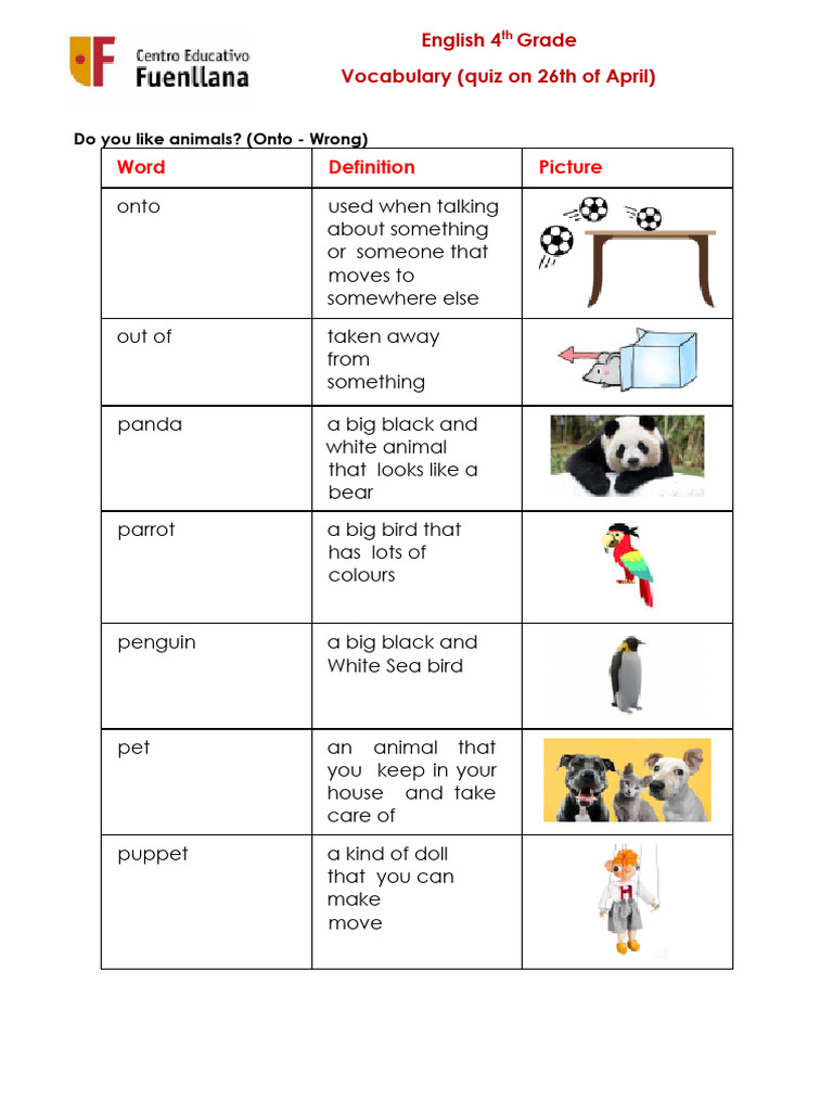 Vocabulary 26th April English 4th Grade 2021 | PDF