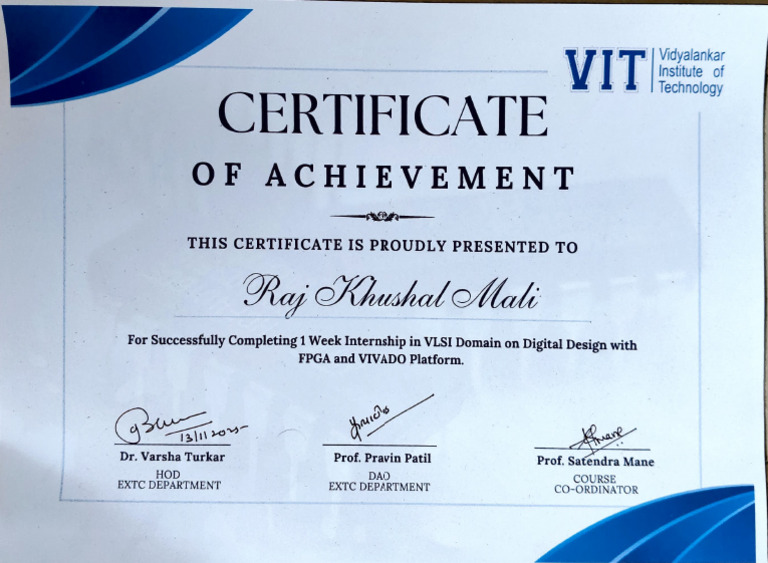 VLSI Digital Design Internship Certificate | PDF