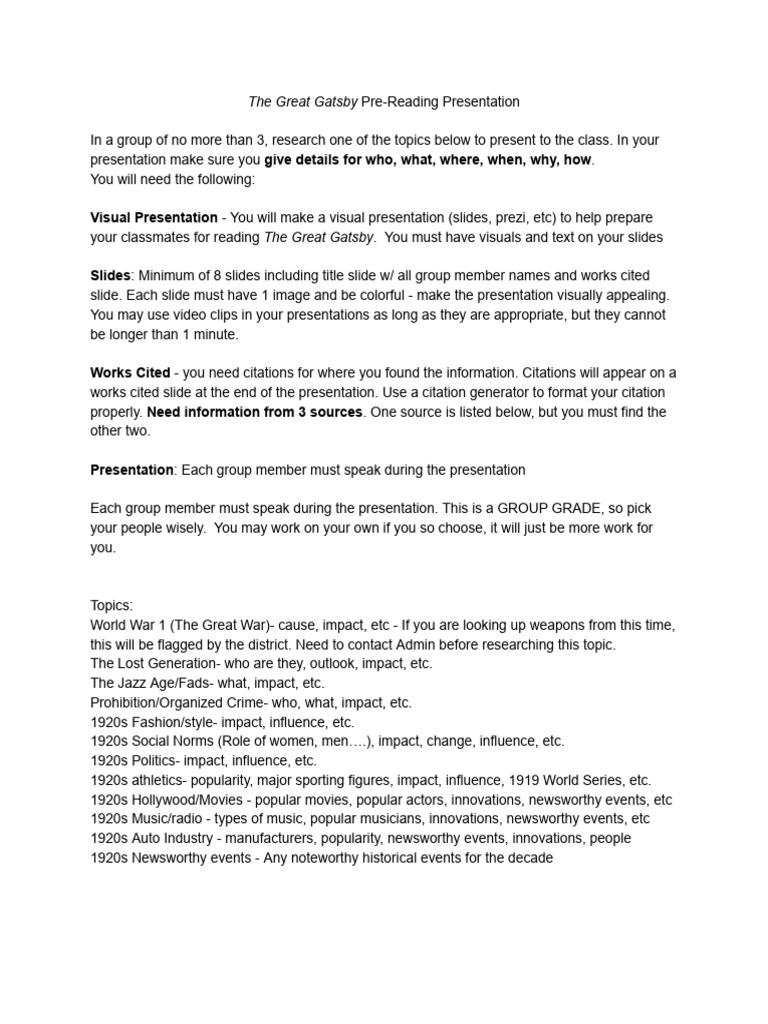 Gatsby Pre-Reading Project | PDF