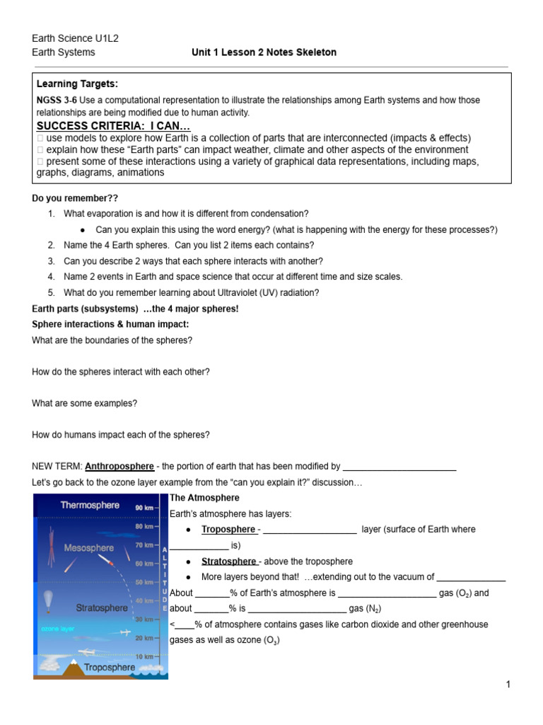 U1L2 Notes Skeleton (For Print) | PDF | Earth | Atmosphere Of Earth