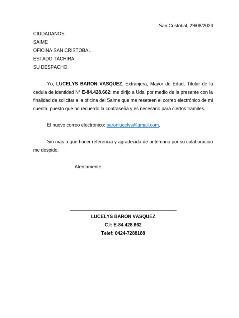 Carta Saime Lucelys | PDF