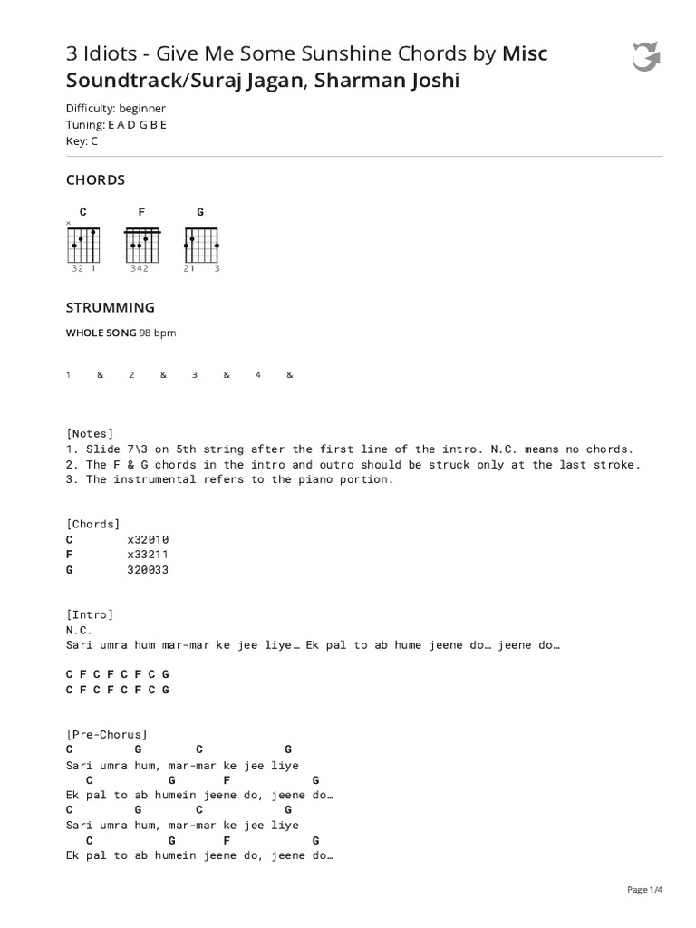 Give Me Some Sunshine Chords Guide | PDF | Elements Of Music | Guitars