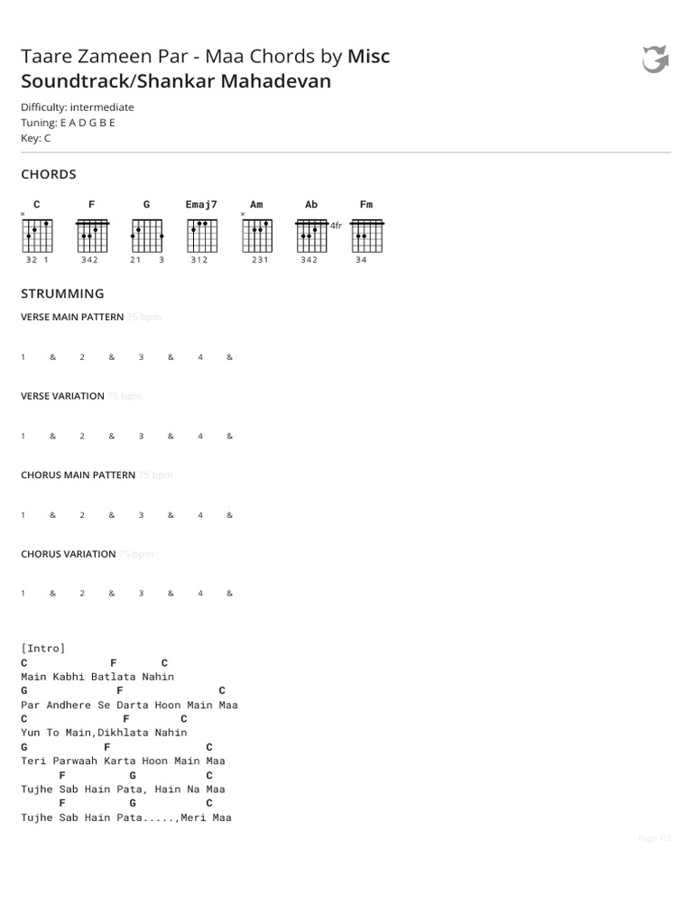 Taare Zameen Par - Maa Chords by Misc Soundtracktabs @ Ultimate Guitar ...