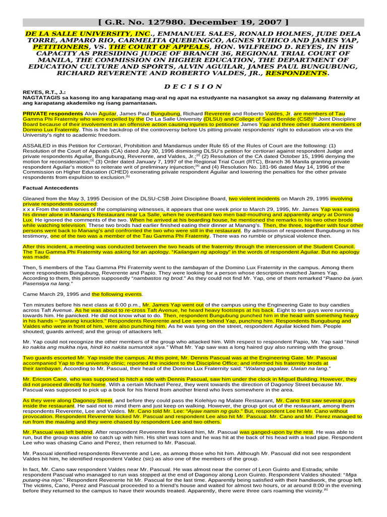 DLSU Fraternity Violence Case Ruling | PDF | Injunction | Witness