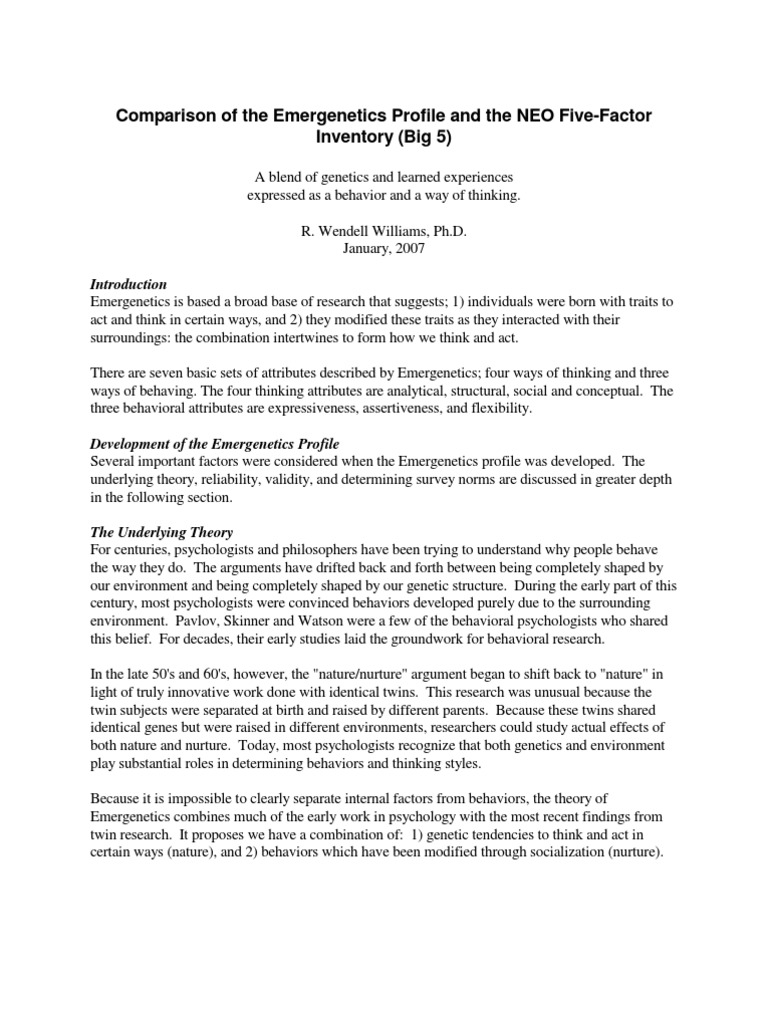 Comparison of The Emergenetics Profile and The NEO Five Factor ...