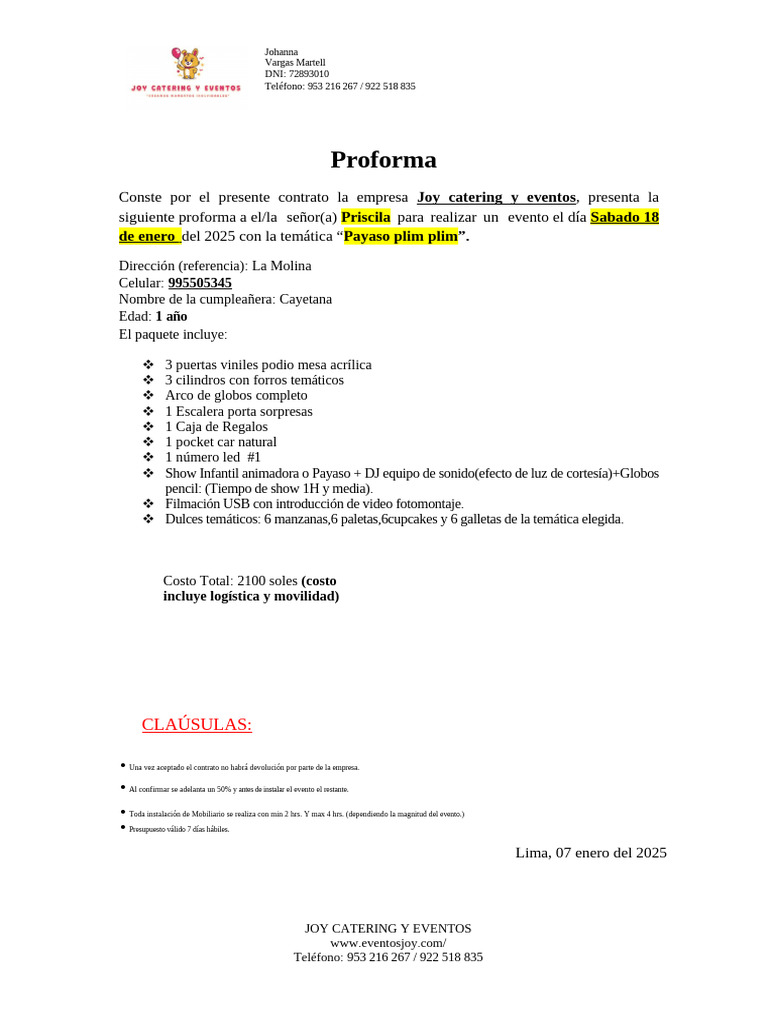 Proforma para Evento Infantil | PDF