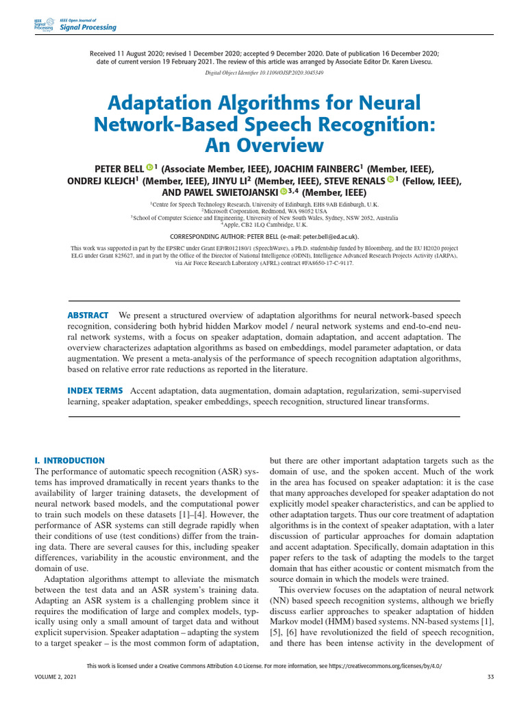 Adaptation Algorithms for Neural Network-Based Speech Recognition an Overview | PDF | Speech ...