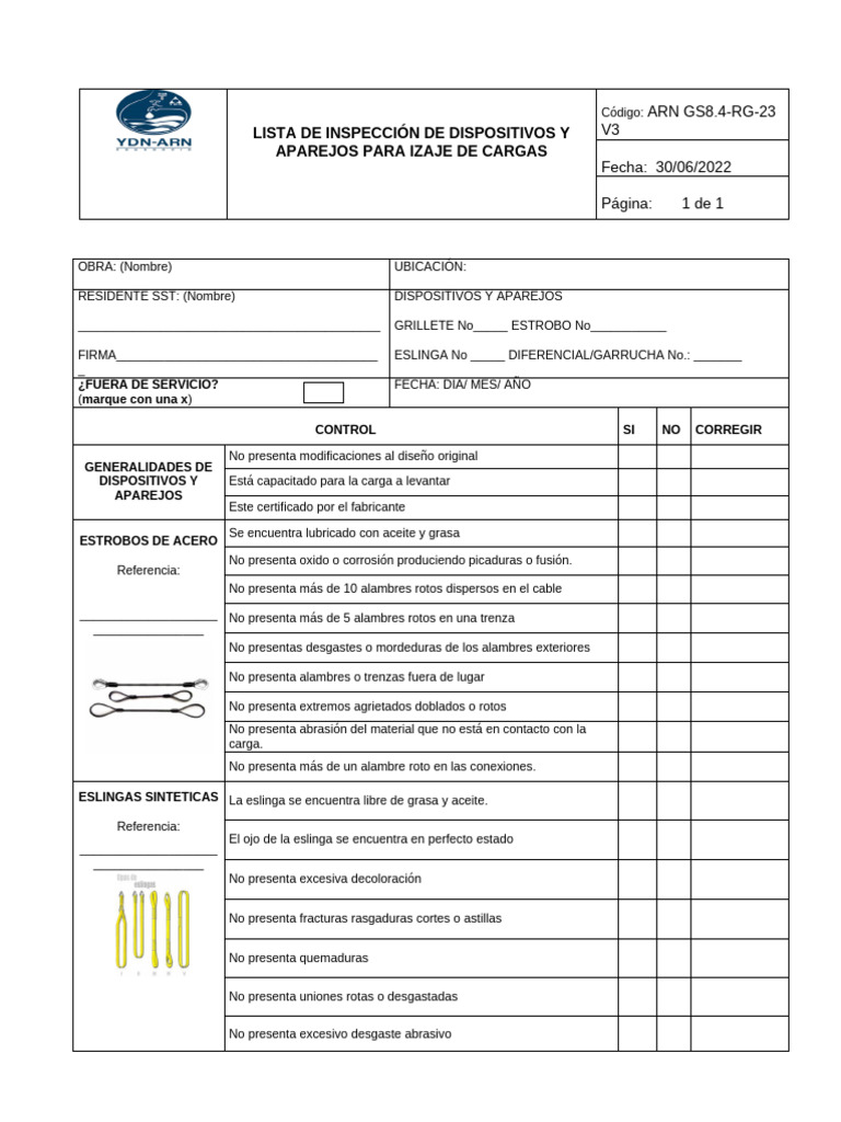 GS8.4-RG-23 Lista Inspeccion Dispositivos Izaje | PDF | Materiales