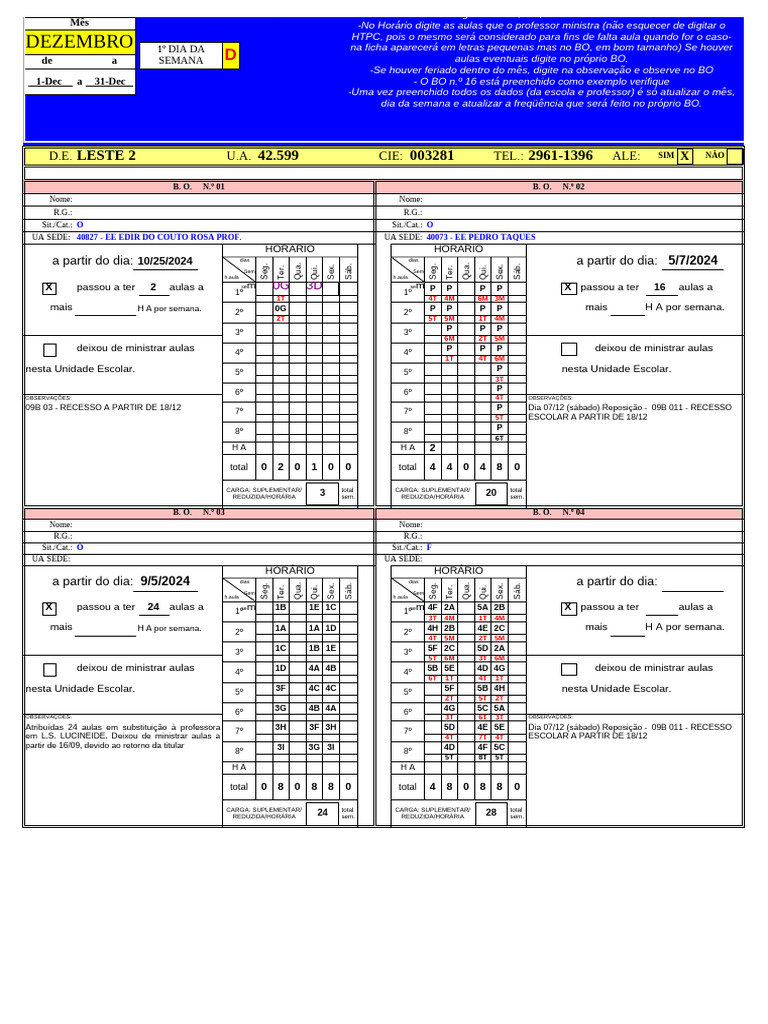B.O (Aulas Fixas) | PDF