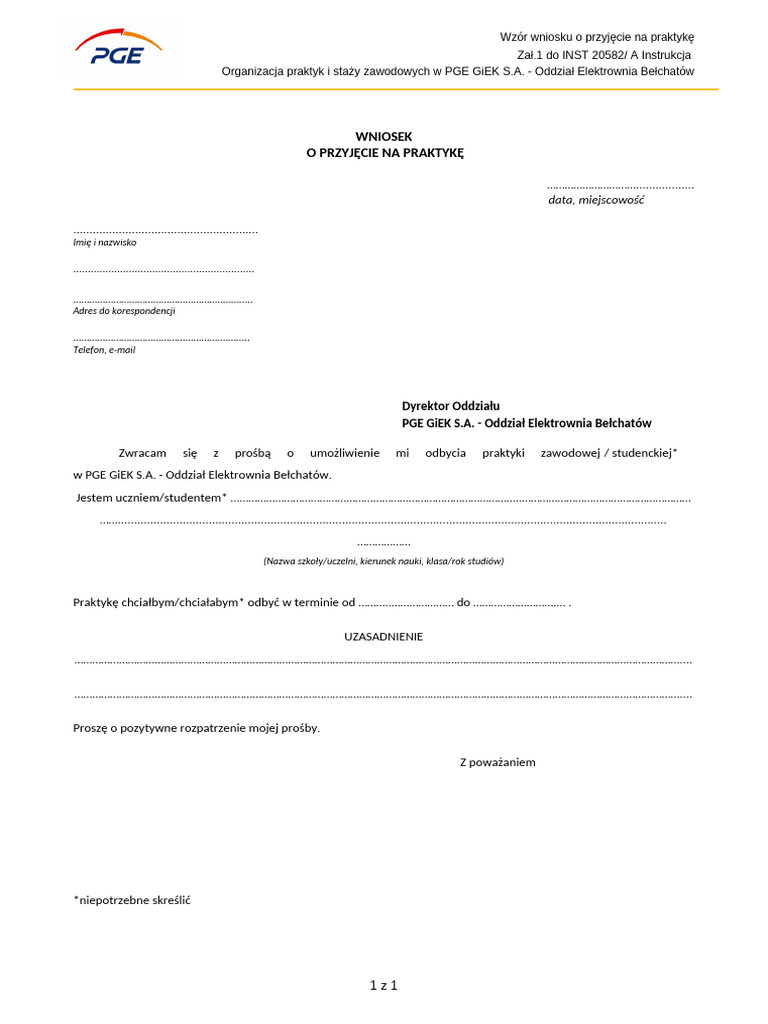 Wniosek o Przyjecie Na Praktyke Doc 2 | PDF