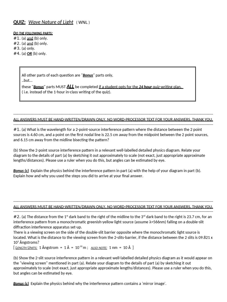 QUIZ -- Wave Nature of Light (WNL).(version 8).(F24) | PDF ...