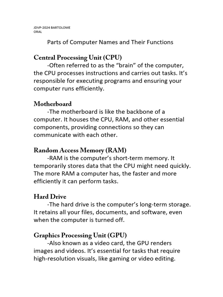 Computer Parts Components and Their Functions | PDF | Solid State Drive ...