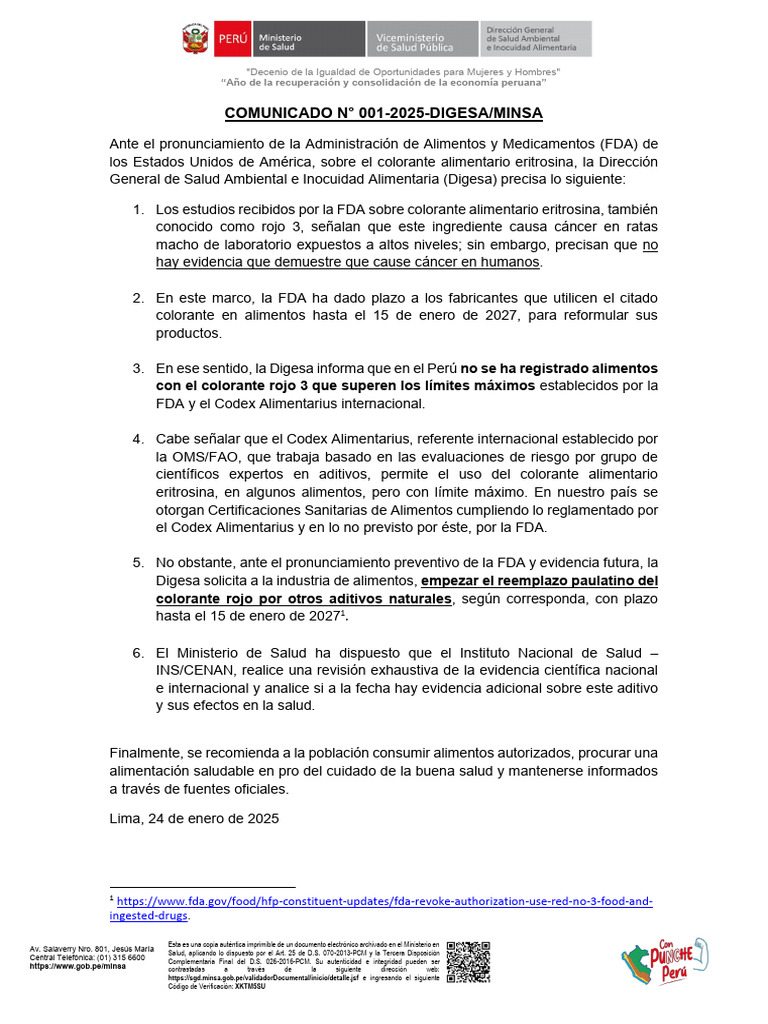 Comunicado de Digesa-Perú-2 COLORANTE E3 | PDF | Alimentos | Seguridad ...