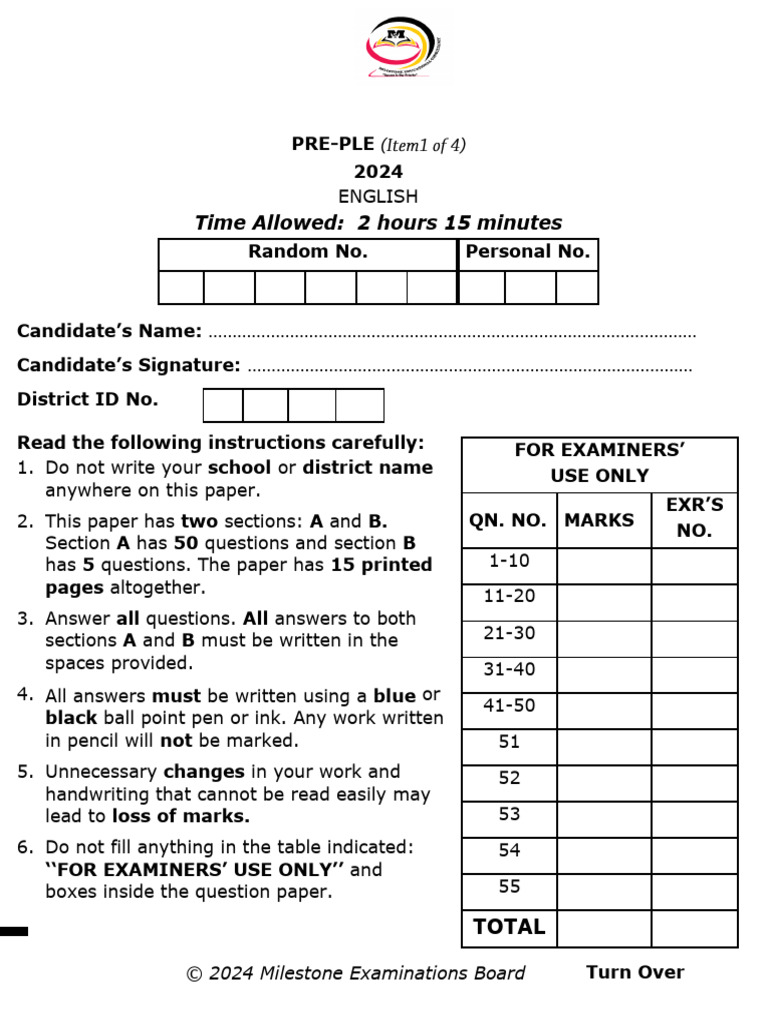 Milestone Pre Ple Eng Set 1 2024 @ | PDF