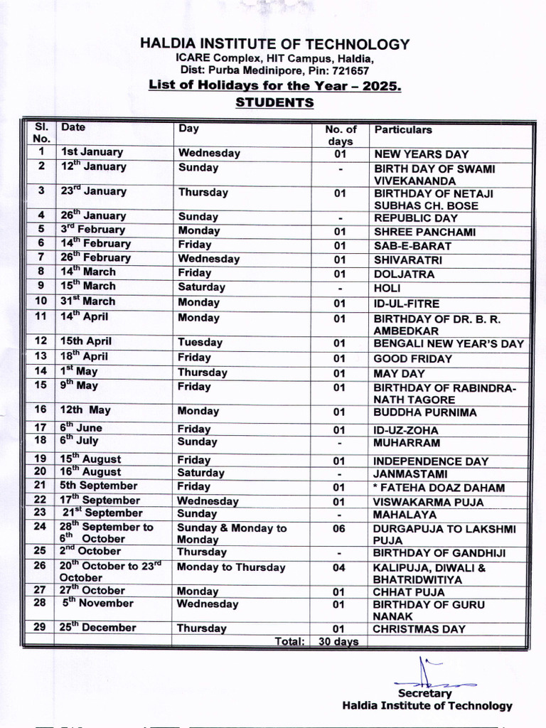 Haldia Institute Holiday List 2025 | PDF | Religious Festivals ...