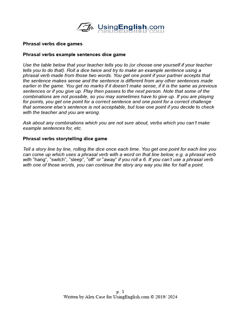 Phrasal Verbs Dice Game | PDF | Language Families | Linguistics