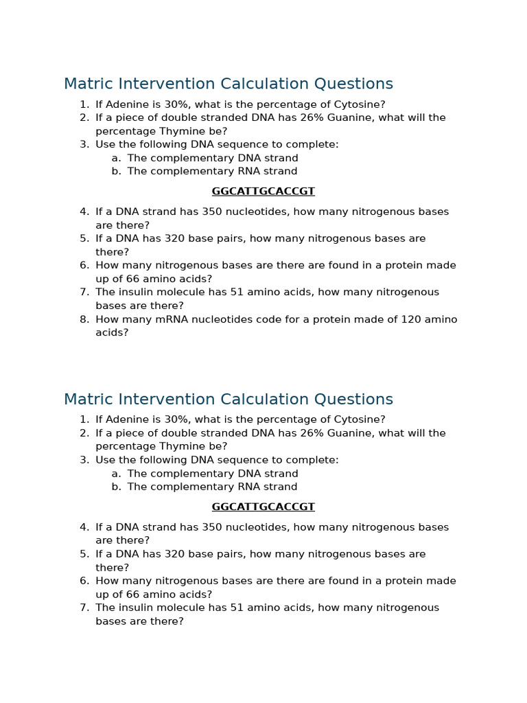 Matric Intervention Calculation Questions | PDF