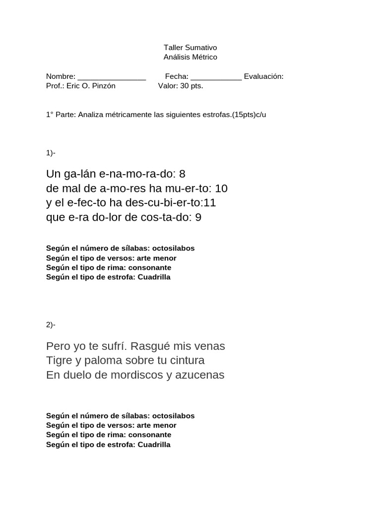 Análisis Métrico de Octosílabos | PDF
