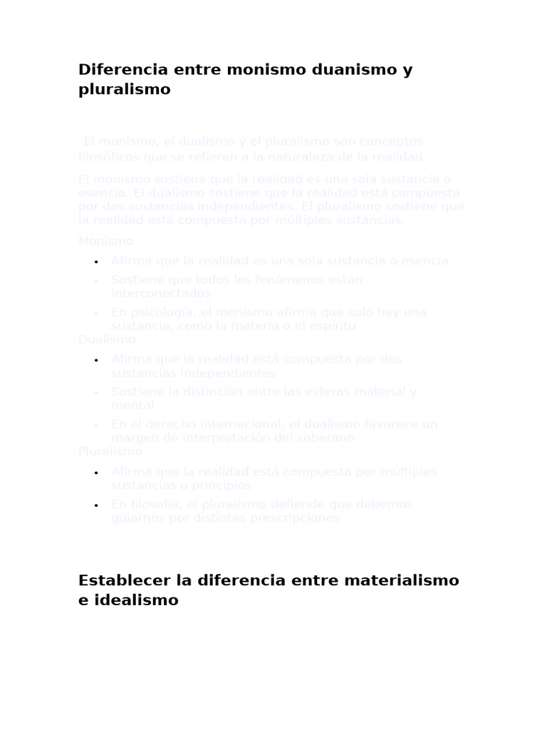 Monismo, Dualismo y Pluralismo Explicados | PDF